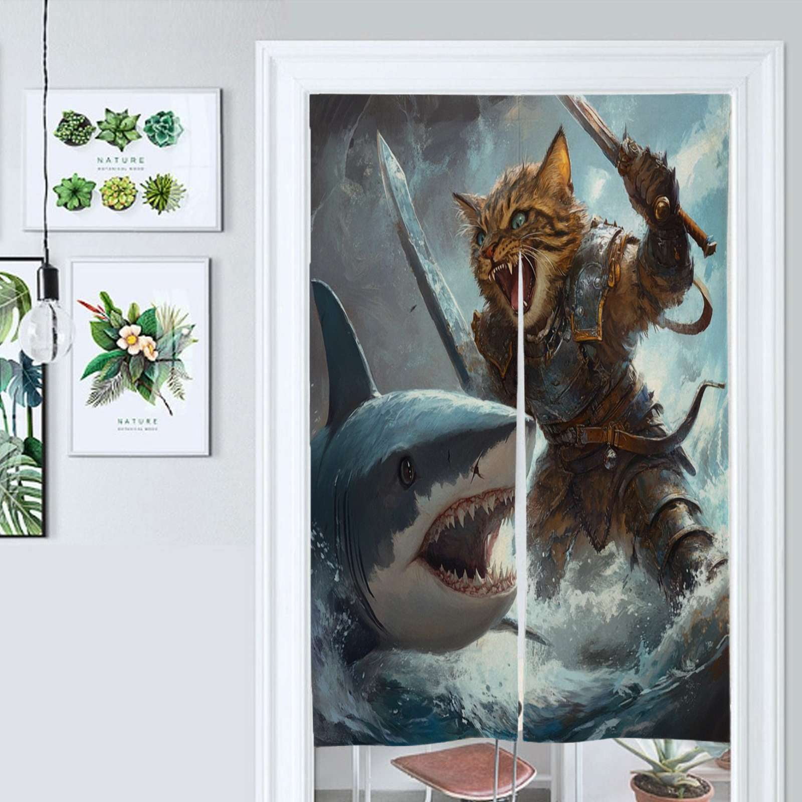 Cat Warrior Vs Shark Door Curtain Nordic Living Room DoorCurtain Porch Partition Curtain Kitchen ...