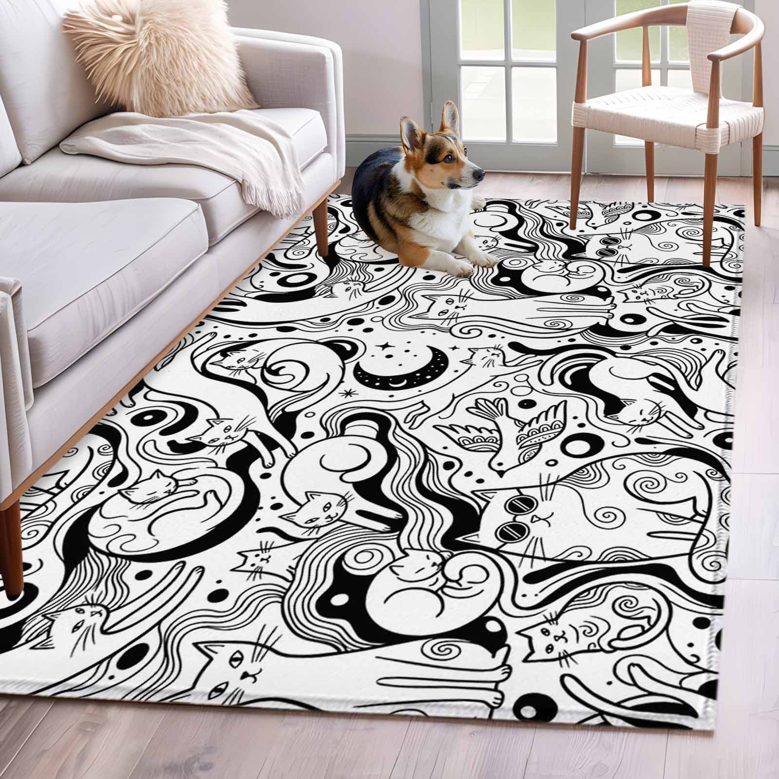 Cat Washable Area Rugs 3'x5', Cartoon Abstract Moon Cat Bird Black ...
