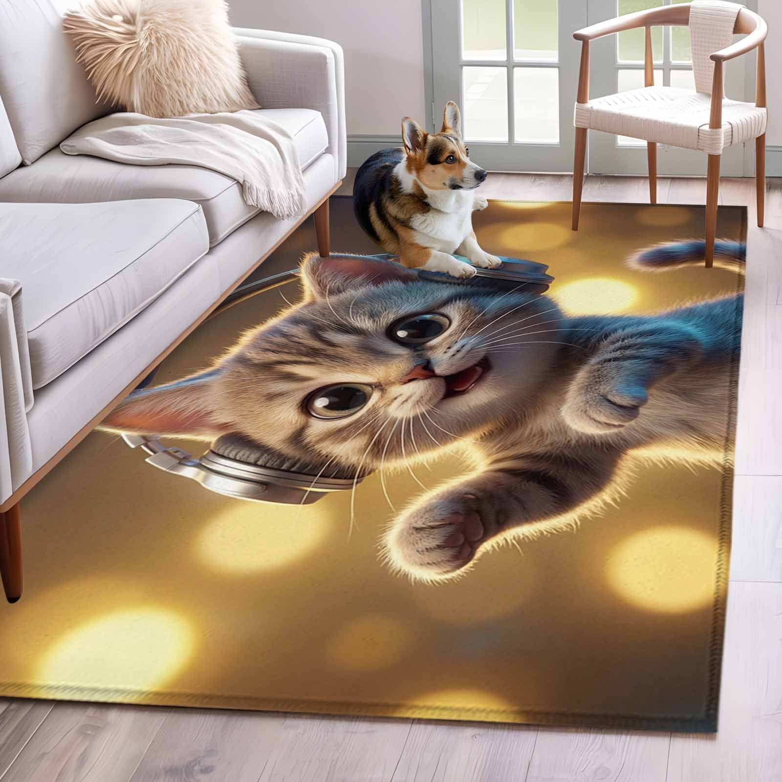 Cat Washable Area Rugs 4'x6', Abstract Headphone Cat Shiny Light ...