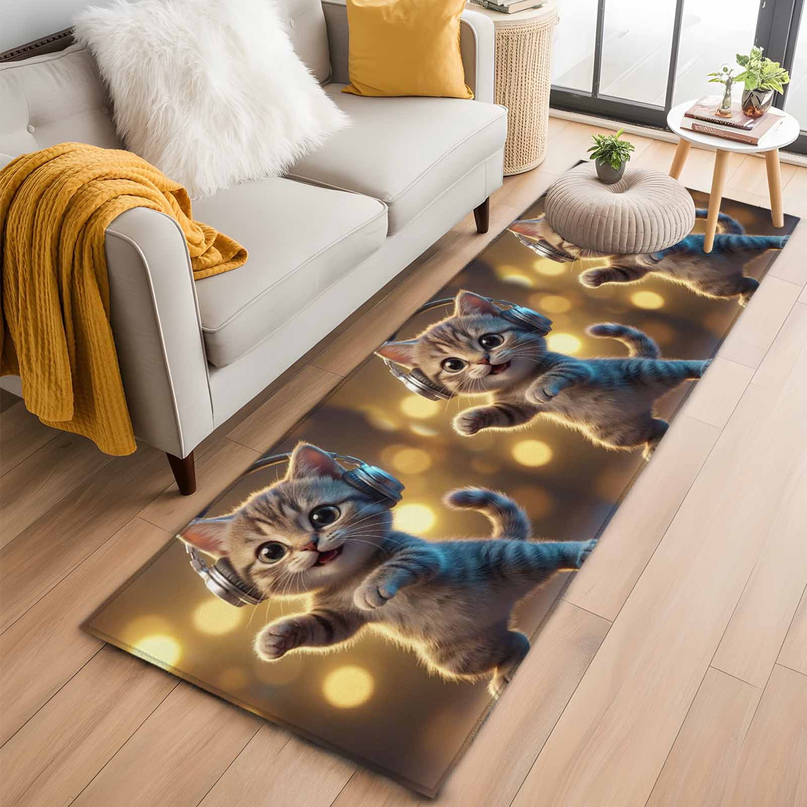 Cat Washable Runner Rugs 2'x6', Abstract Headphone Cat Shiny Light ...