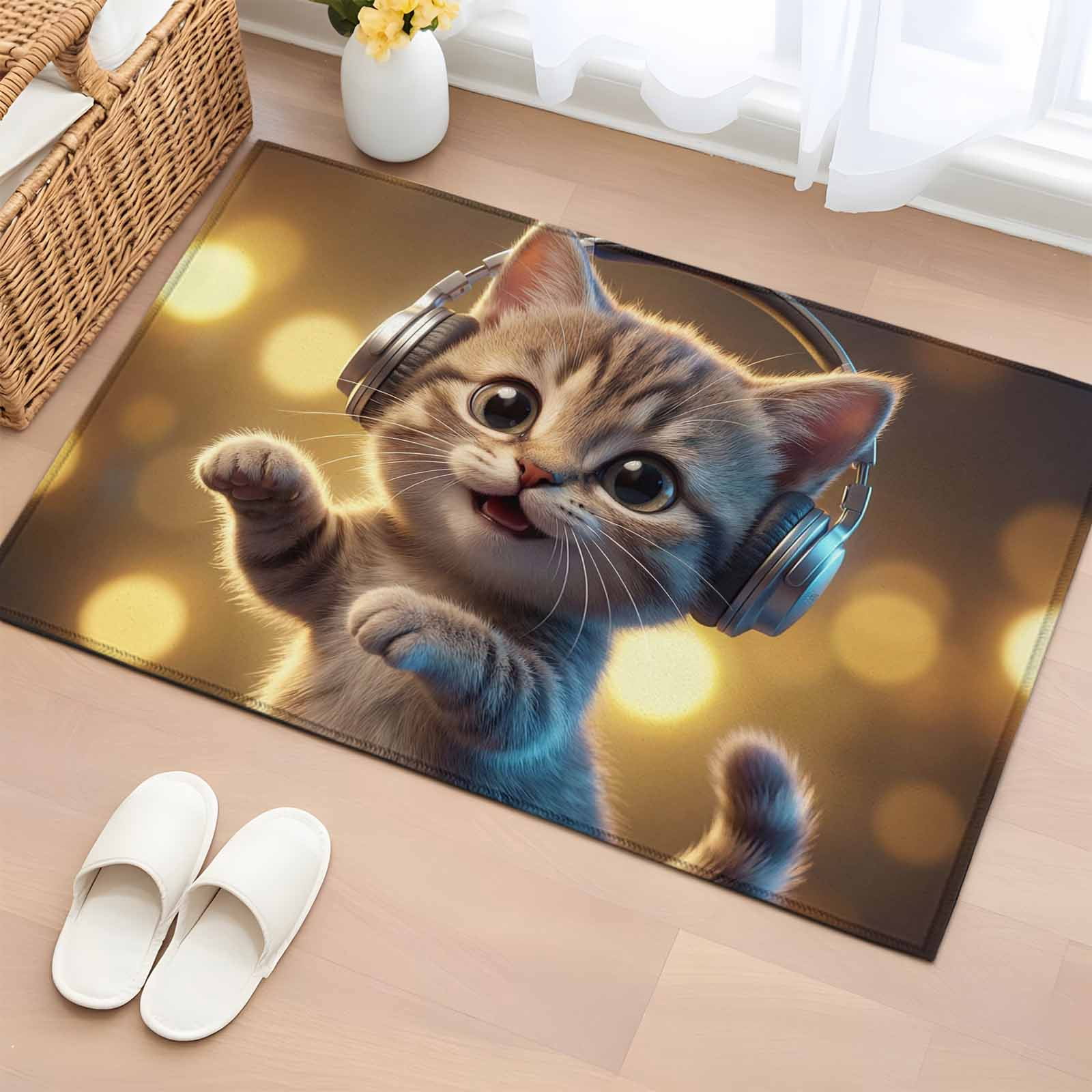 Cat Washable Small Entryway Area Rugs 2'x3', Abstract Headphone Cat ...