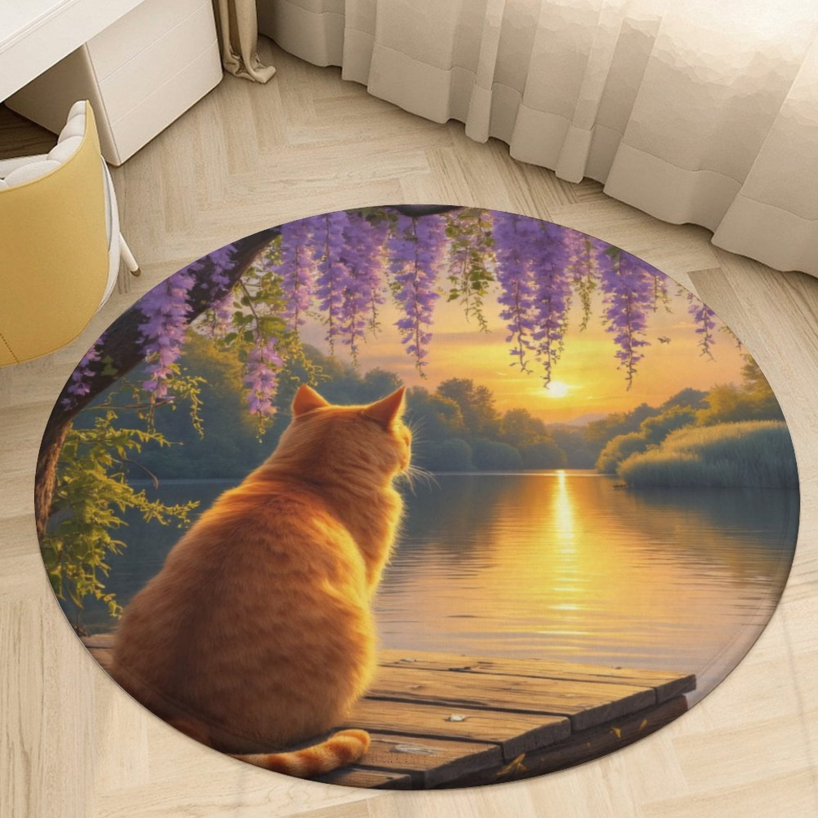 Cat Watching Sunset Round Area Rugs for Bedroom Living Room, 6FT Soft ...