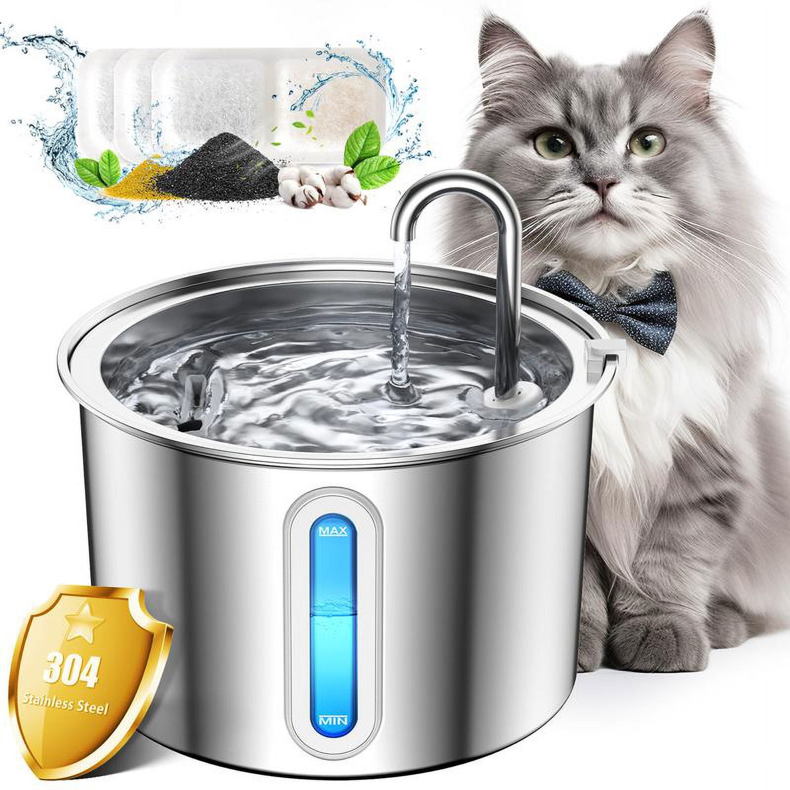 Cat Water Fountain with 3 Replacement Filters,304 Stainless Steel, 2L ...