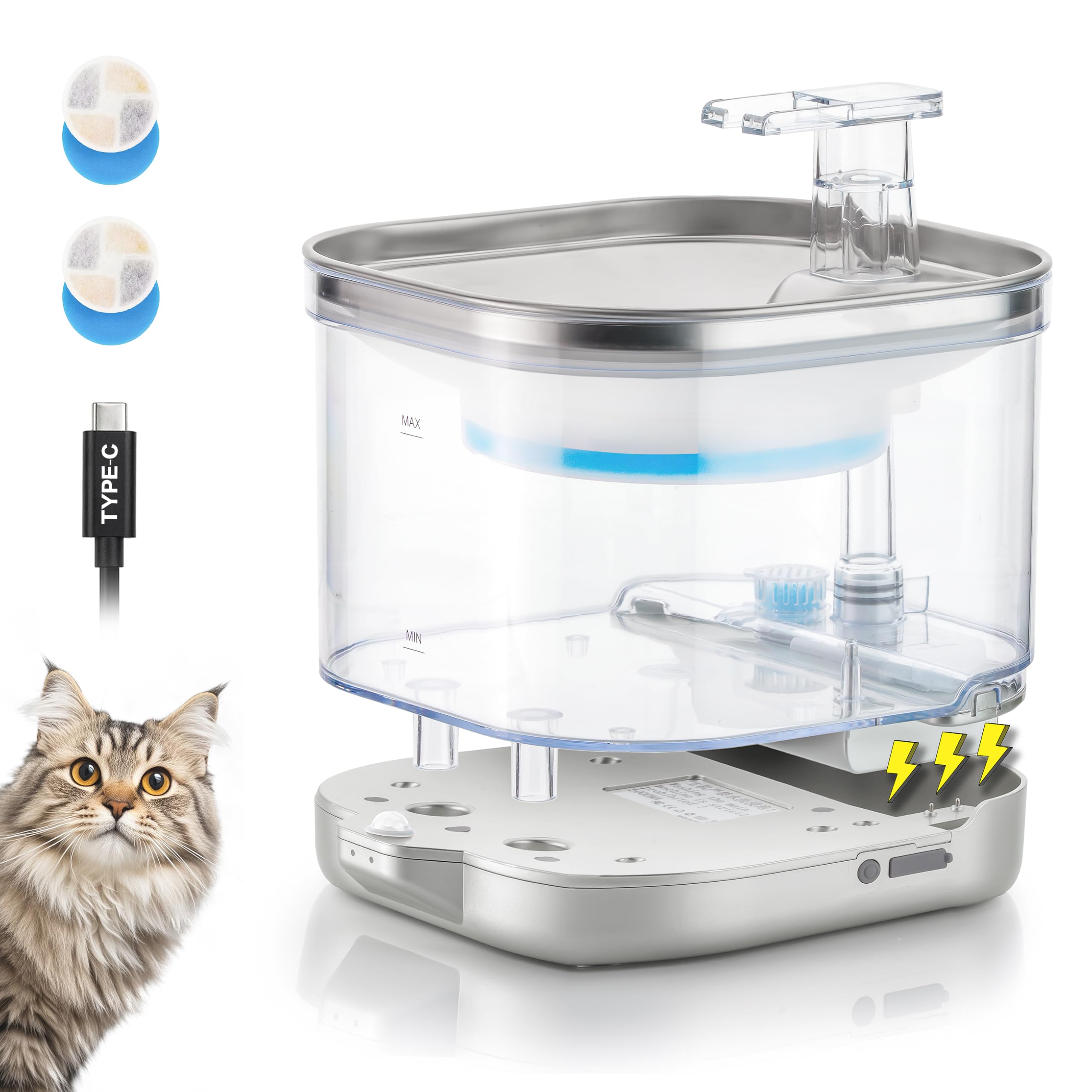 Cat Water Fountain 5000mAh DPF11 Battery Wireless Cat Fountains Dog- 2L/70oz Drinking Dispenser ...
