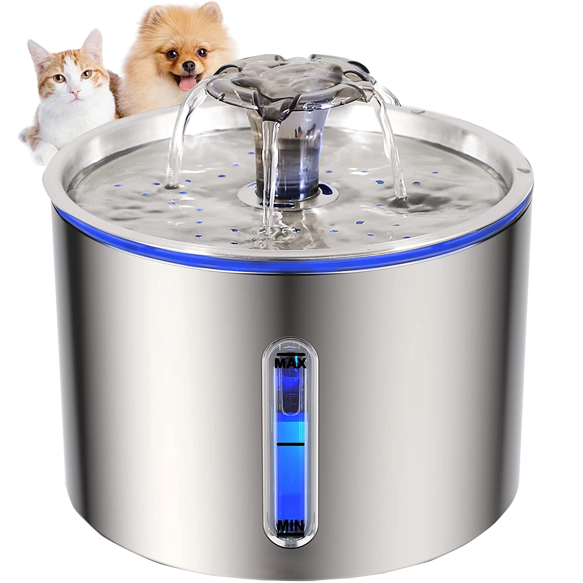 LED Light Powered, 68oz Stainless Steel Cat Water Fountain, Quiet ...