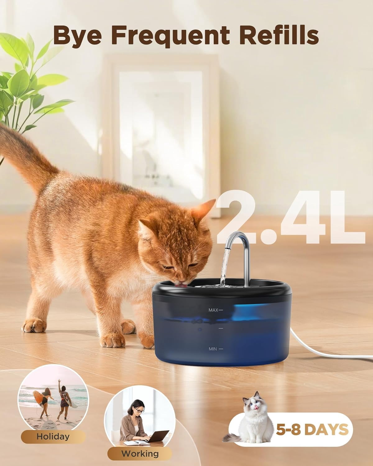 Cat Water Fountain 80oz/2.4L Quiet Pet Drinking Bowl with LED Light and ...