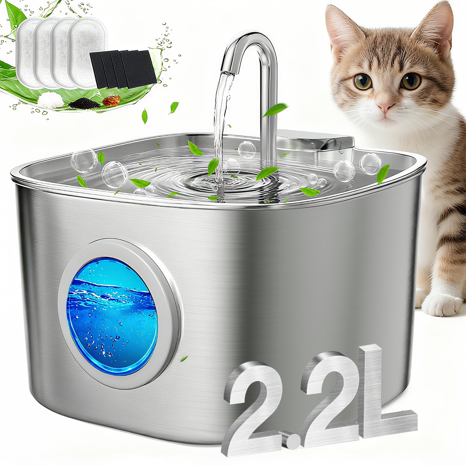 Cat Water Fountain Stainless Steel, YUWENUS 78oz/2.2L Pet Fountain with ...