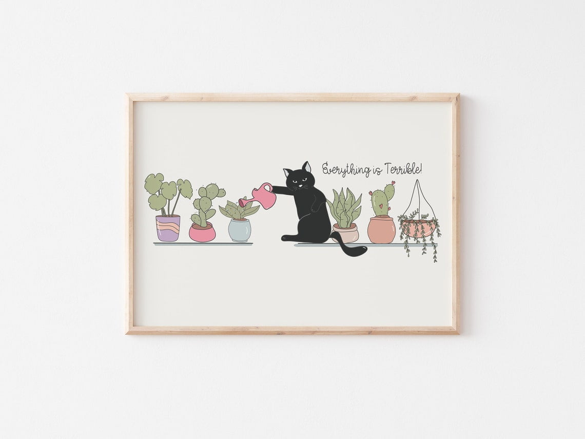 Cat Watering Plants, Black Cat And Plants, Cat Lover, Black Cat Art ...