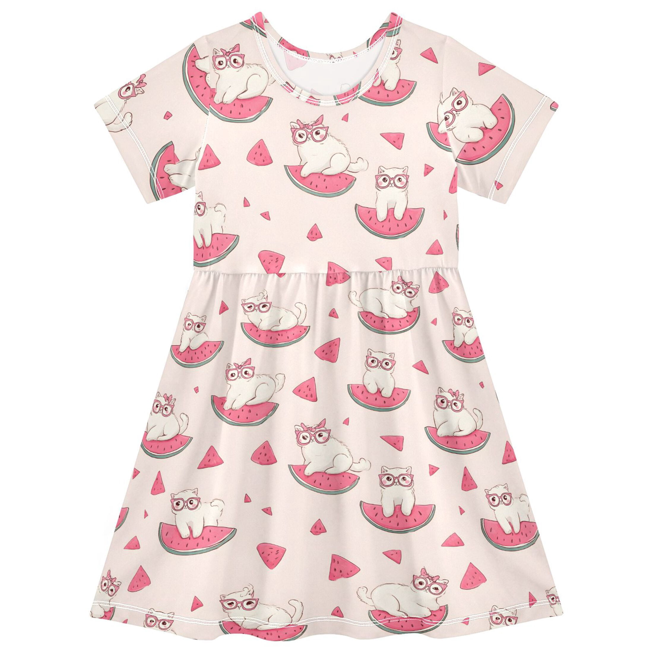 Cat Watermelon Short Sleeve Dress A-Line Cute Midi Casual Sundress 2-8 ...