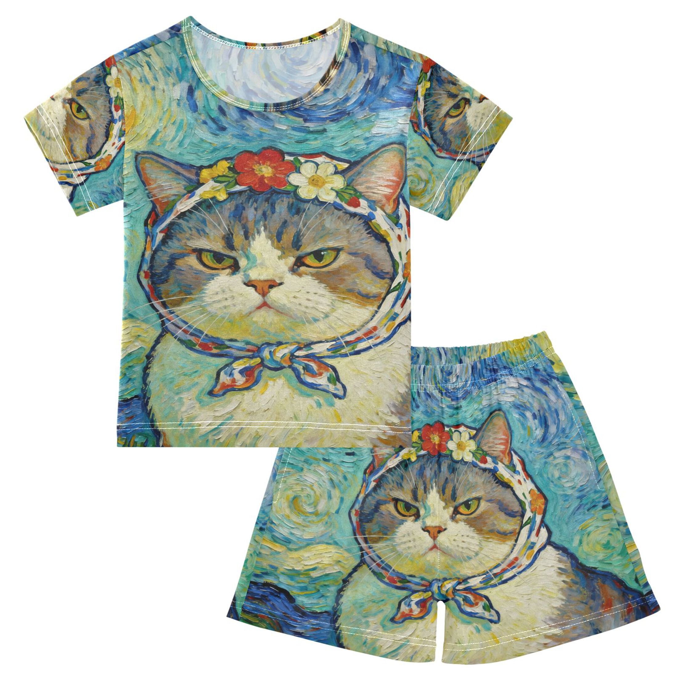 Cat Wearing Headscarf Summer Pajama Set Soft Cotton Short Sleeve ...