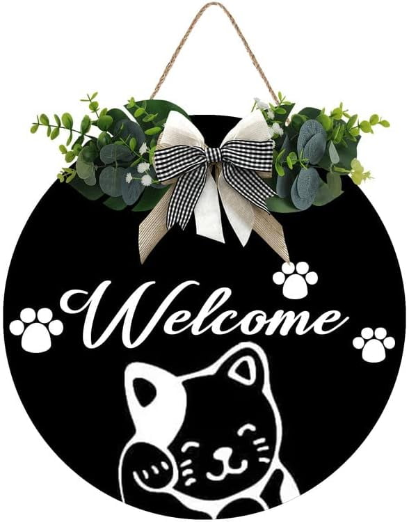 Cat Welcome Sign Round Wood Sign For Front Door Farmhouse Home Kitchen ...