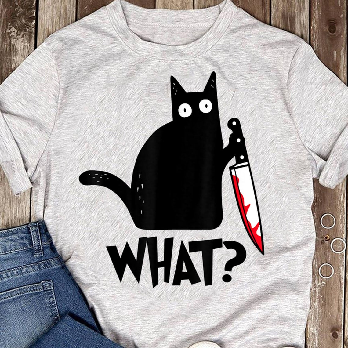 Cat What? Funny Black Cat Shirt, Murderous Cat With Knife T-Shirt ...
