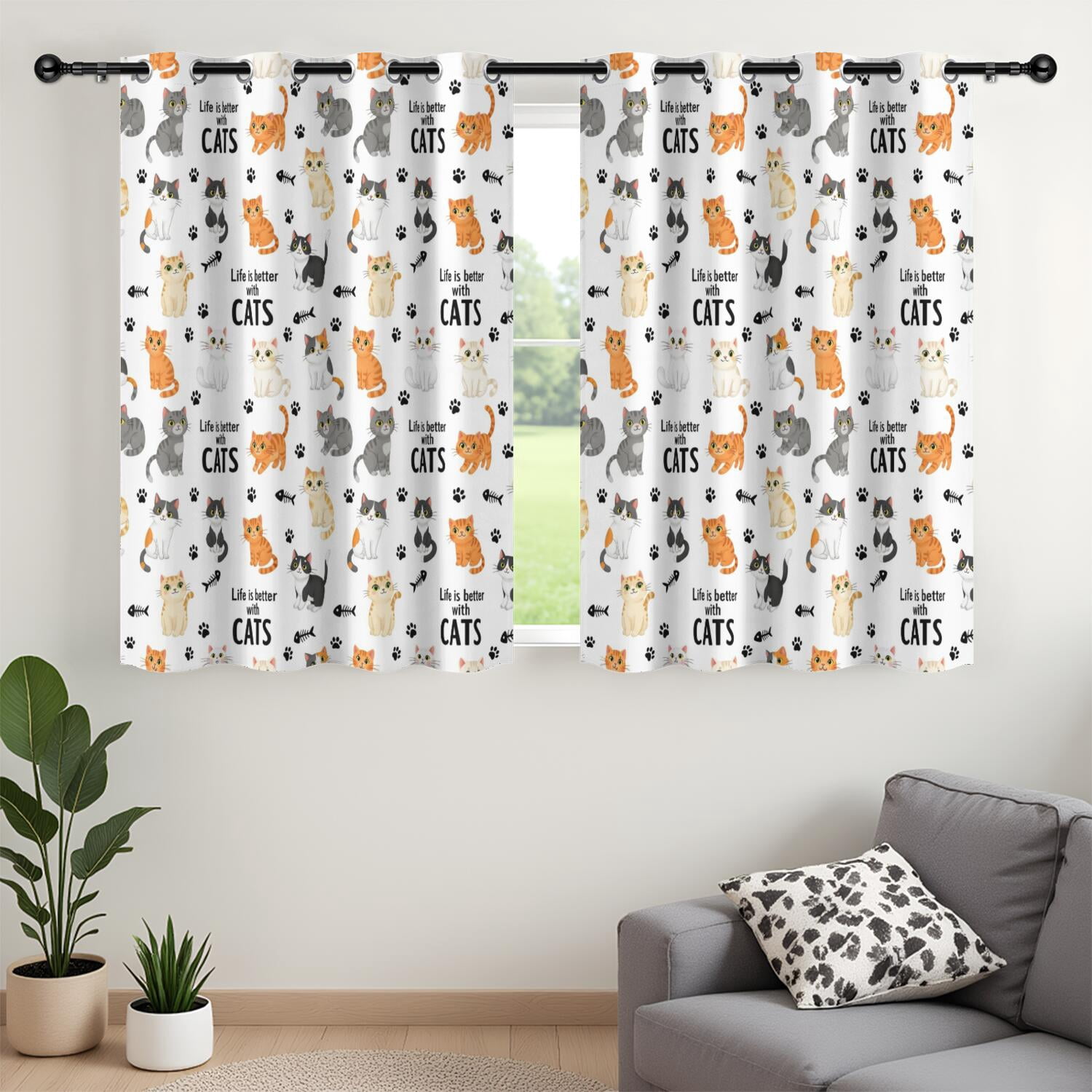 Cat White Pattern Blackout Curtains,Triple Weaved Fabric,Thermal ...