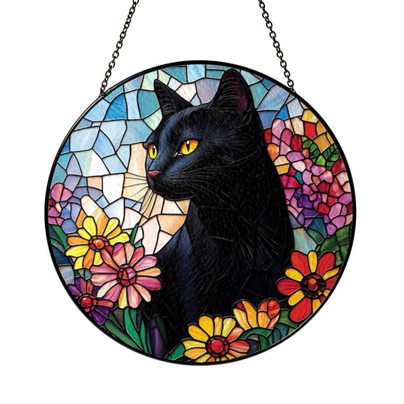 Cat Wildflower Window Suncatcher with Stained Glass Effect, Decorative ...