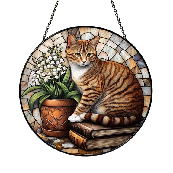 Cat Window Garden Scene Stained Glass Style Window Hanging Suncatcher ...