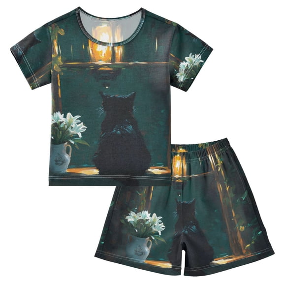Cat Window Kitchen Summer Pajama Set Soft Cotton Short Sleeve Sleepwear ...