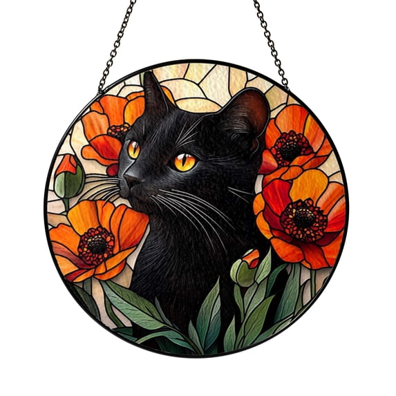 Cat Window Suncatcher with Stained Glass Look, Home Floral Window Decor ...