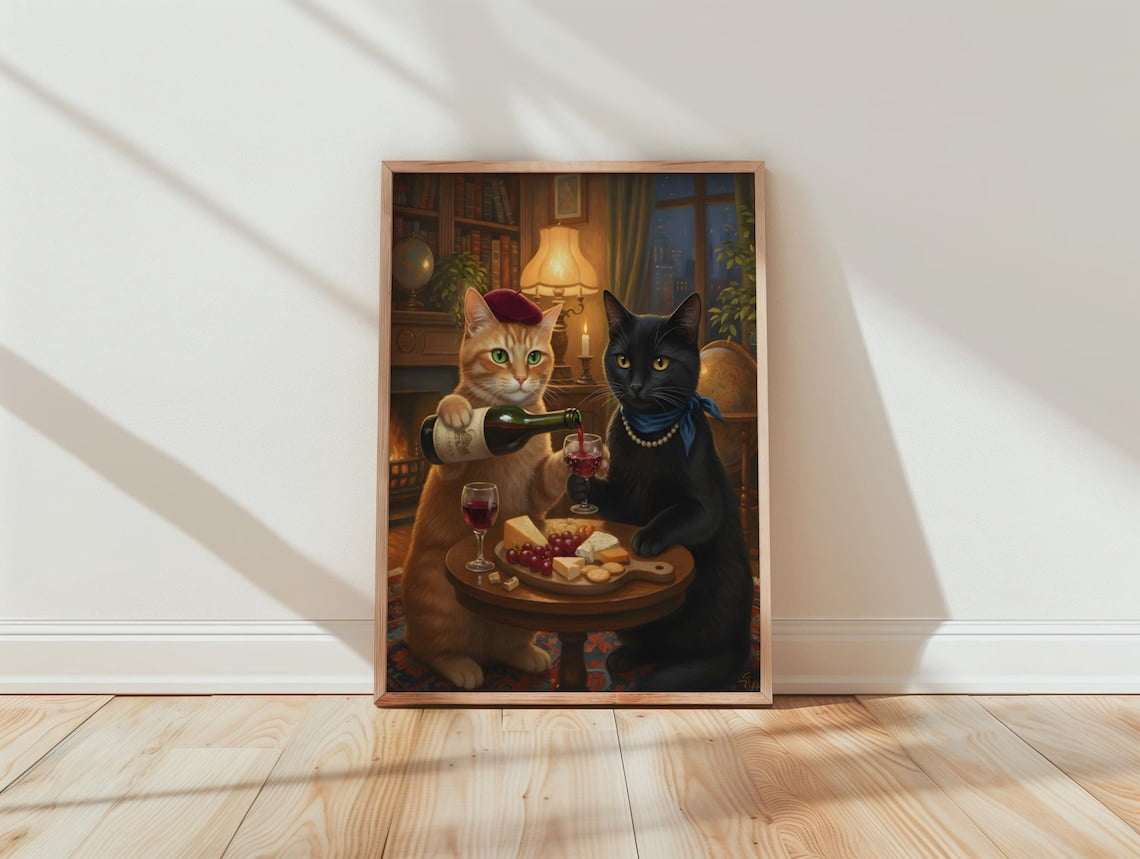 Cat Wine Night Library Illustration Wine Cheese Graphic Poster Unframed ...