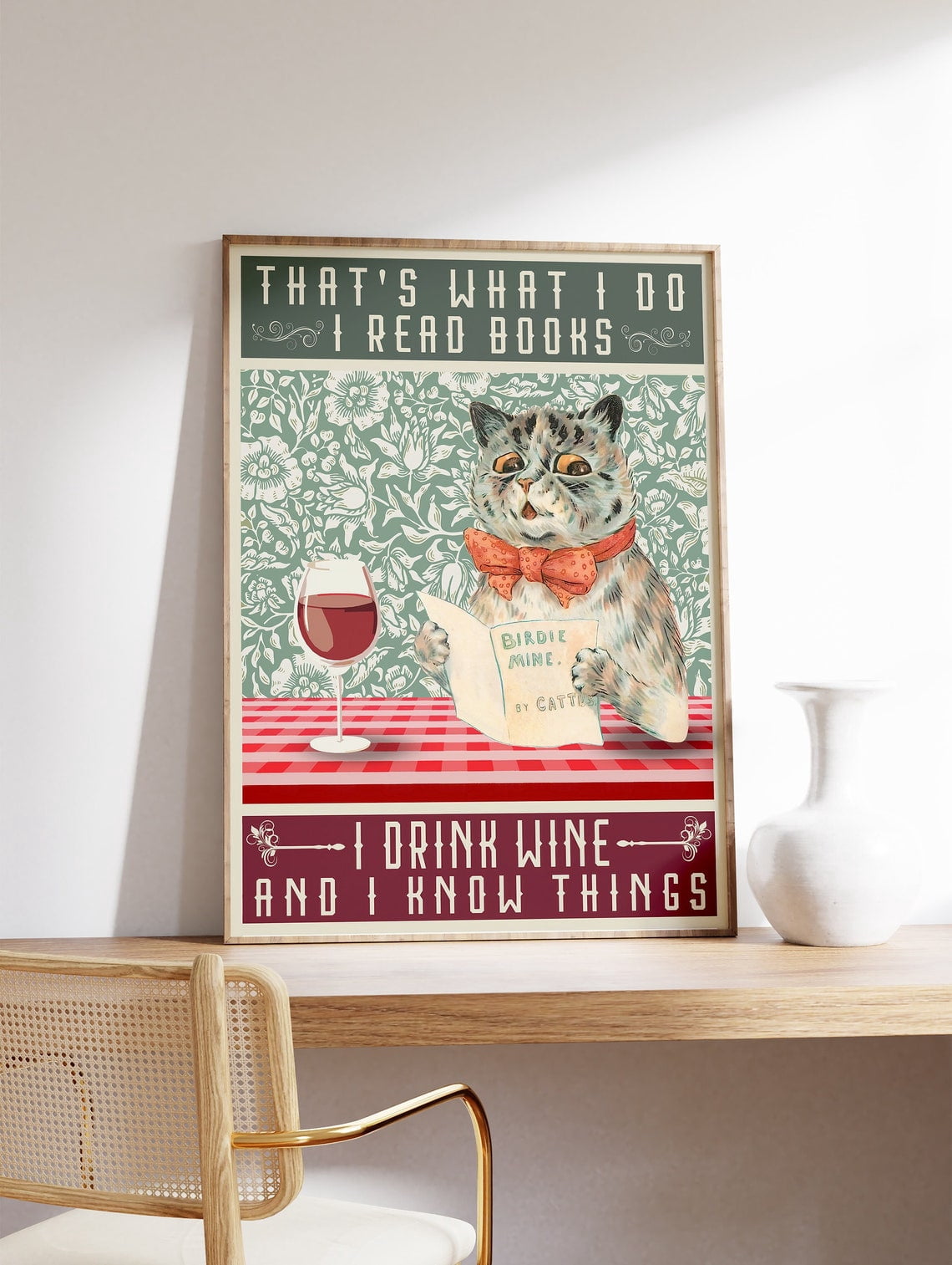 Cat Wine Quote Poster, Book Lover Wall Art, Unframed Paper Poster ...