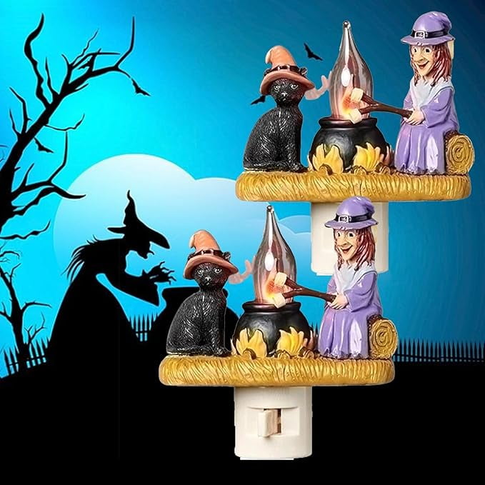 Cat and Witch Campfire Flickering Nightlight, 3D Cat and Witch Fire ...