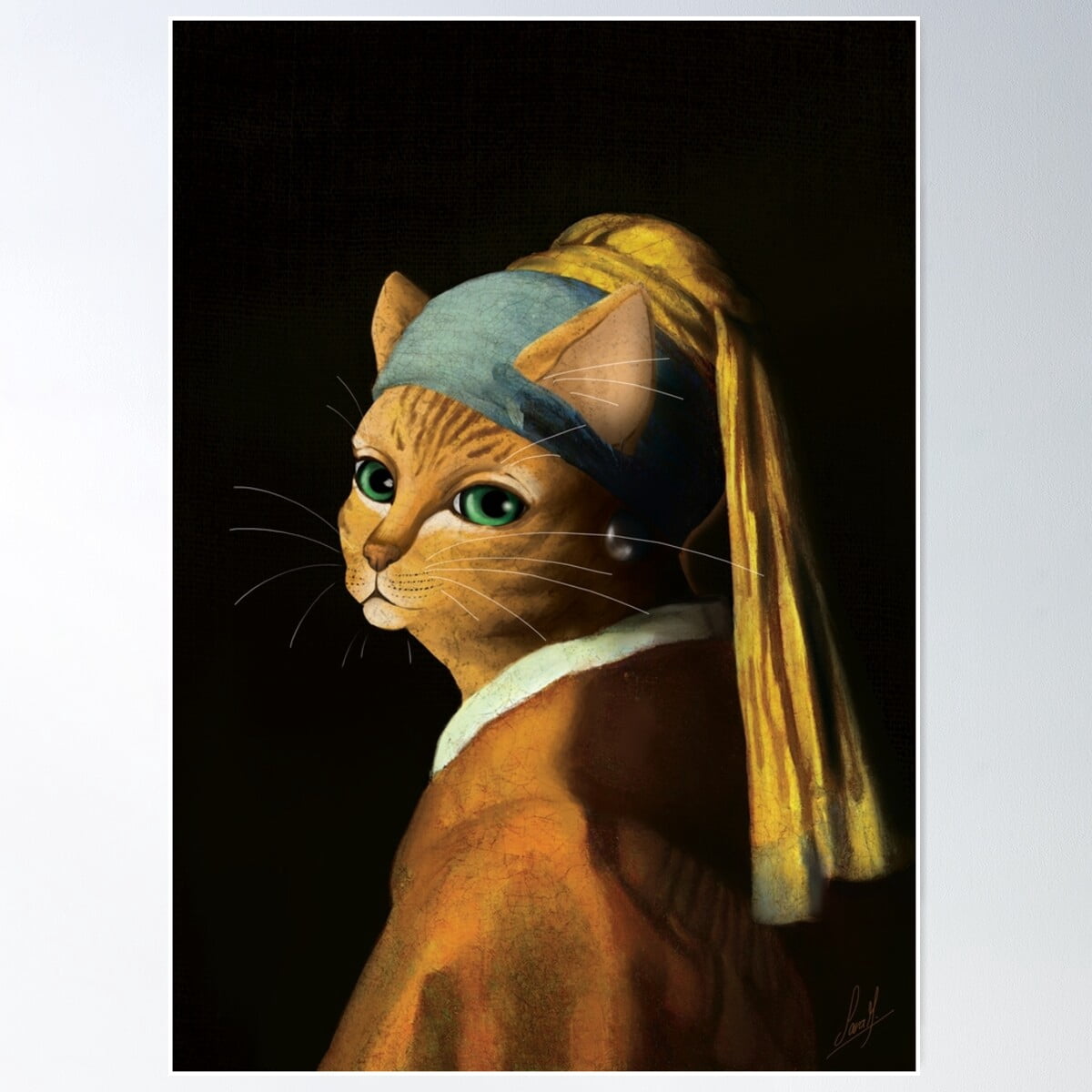 Cat With A Pearl Earring Poster Wall Art, Modern Wall Decor For Living ...
