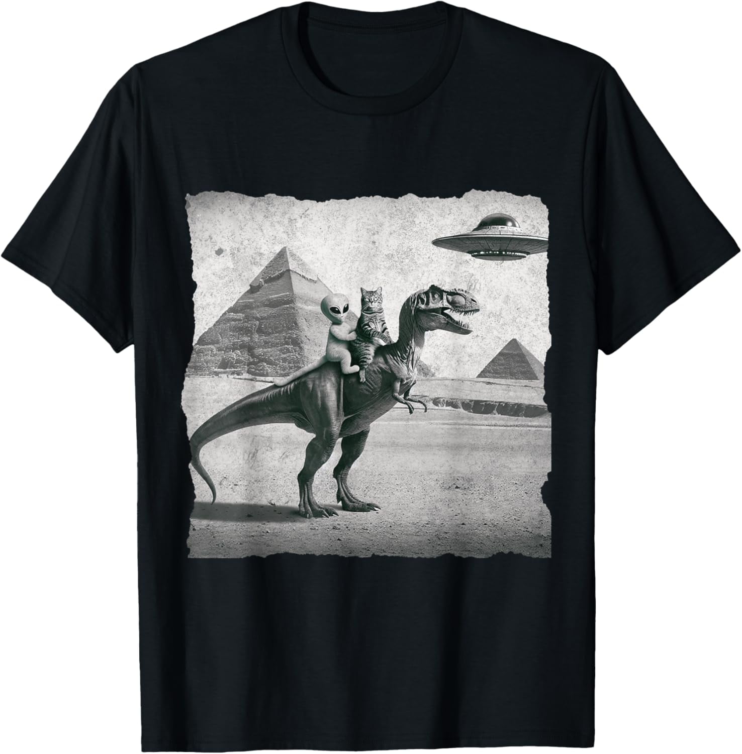 Cat With Alien Riding Dinosaur T-Rex With Giza Pyramids. UFO T-Shirt ...