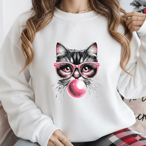 Cat With Glasses And Bubblegum Fun Pet Art Holiday Style Sweatshirt, up ...