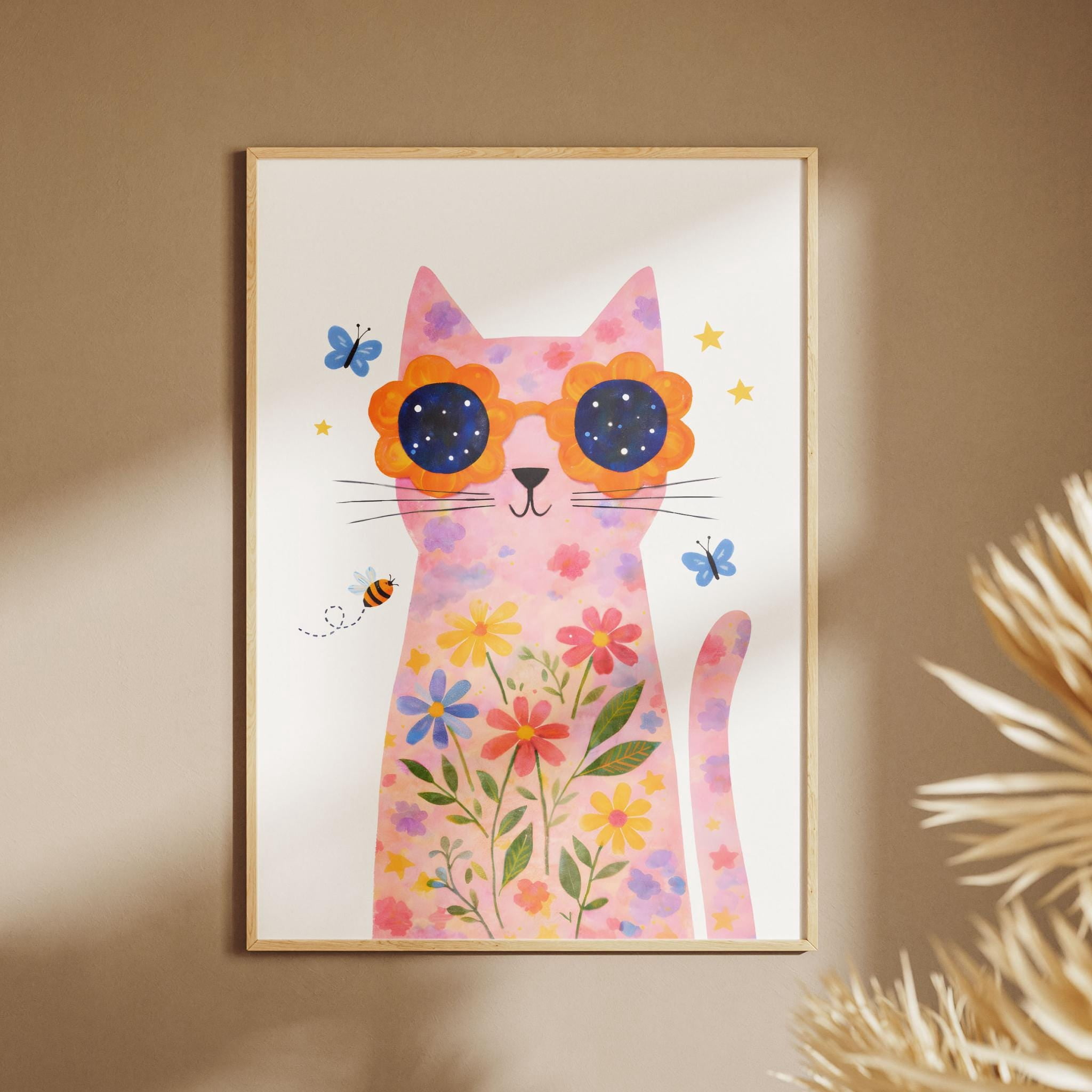 Cat With Glasses Print, Floral Cat Poster, Kids Room Wall Art, Girls ...