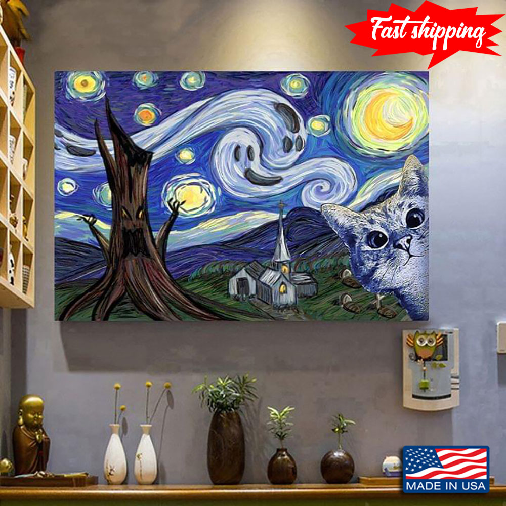 Cat With Halloween Ghosts & Spooky Tree In The Starry Night Vincent Van ...
