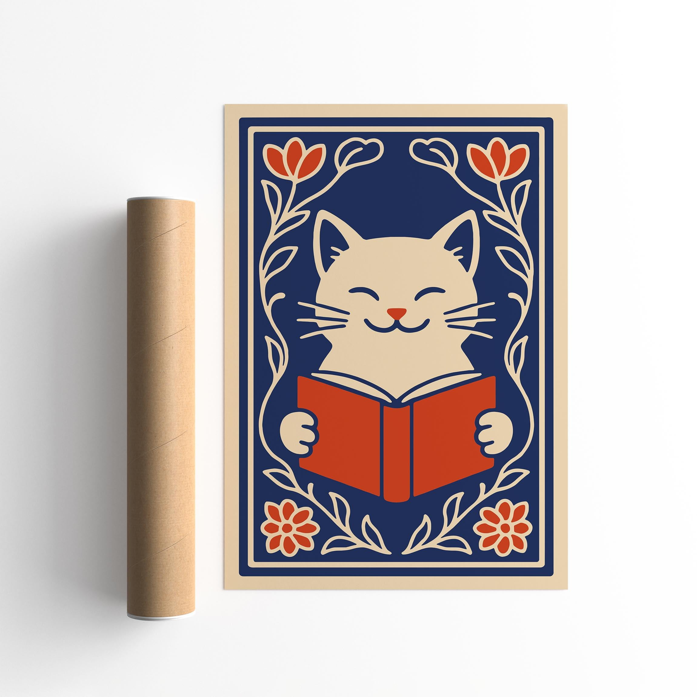 Cat With Red Book Poster, Cozy Reading Nook Or Library Print UNFRAMED ...