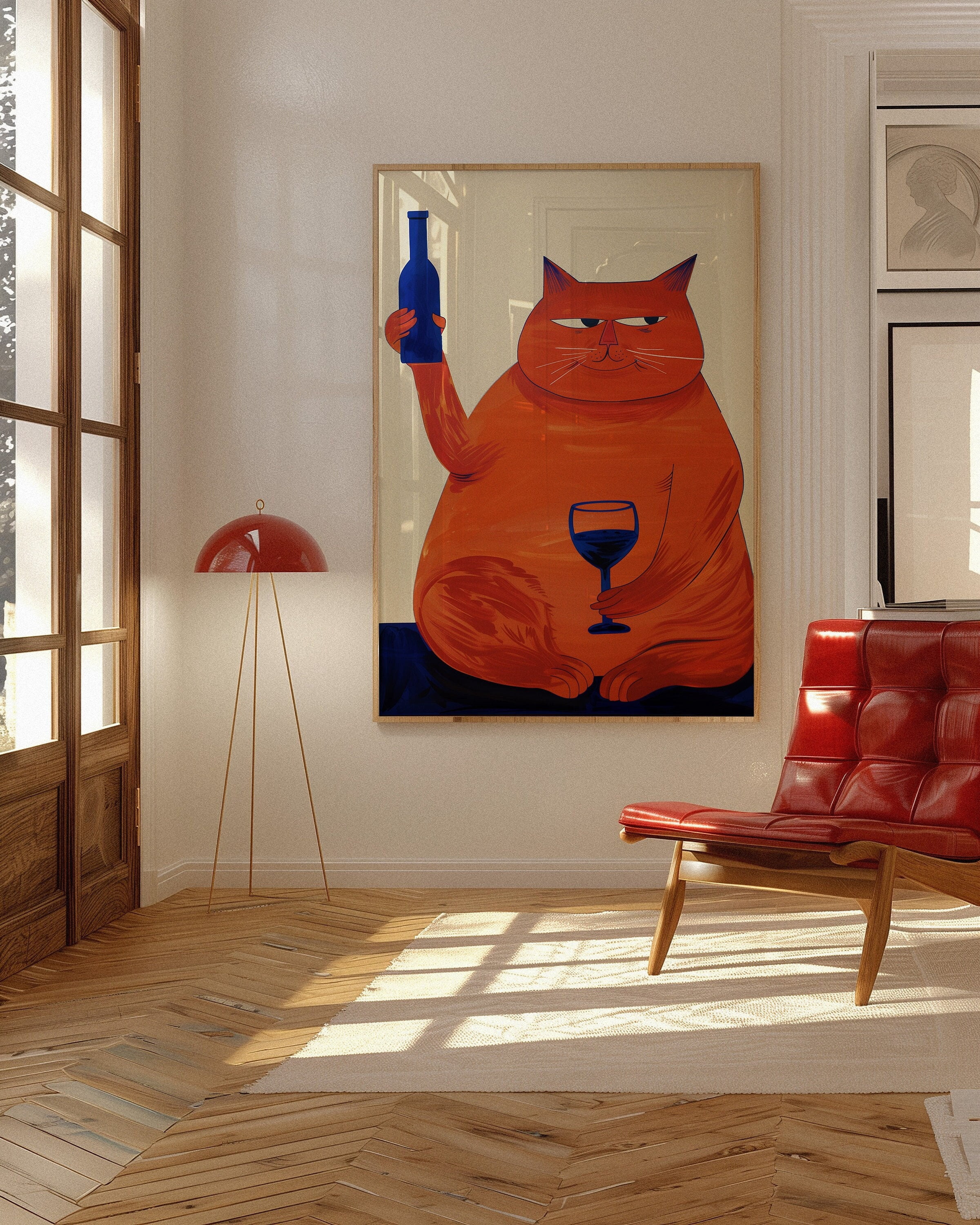 Cat With Wine Art Print: Retro Bar Cart Decor Poster Vintage Style Wall ...