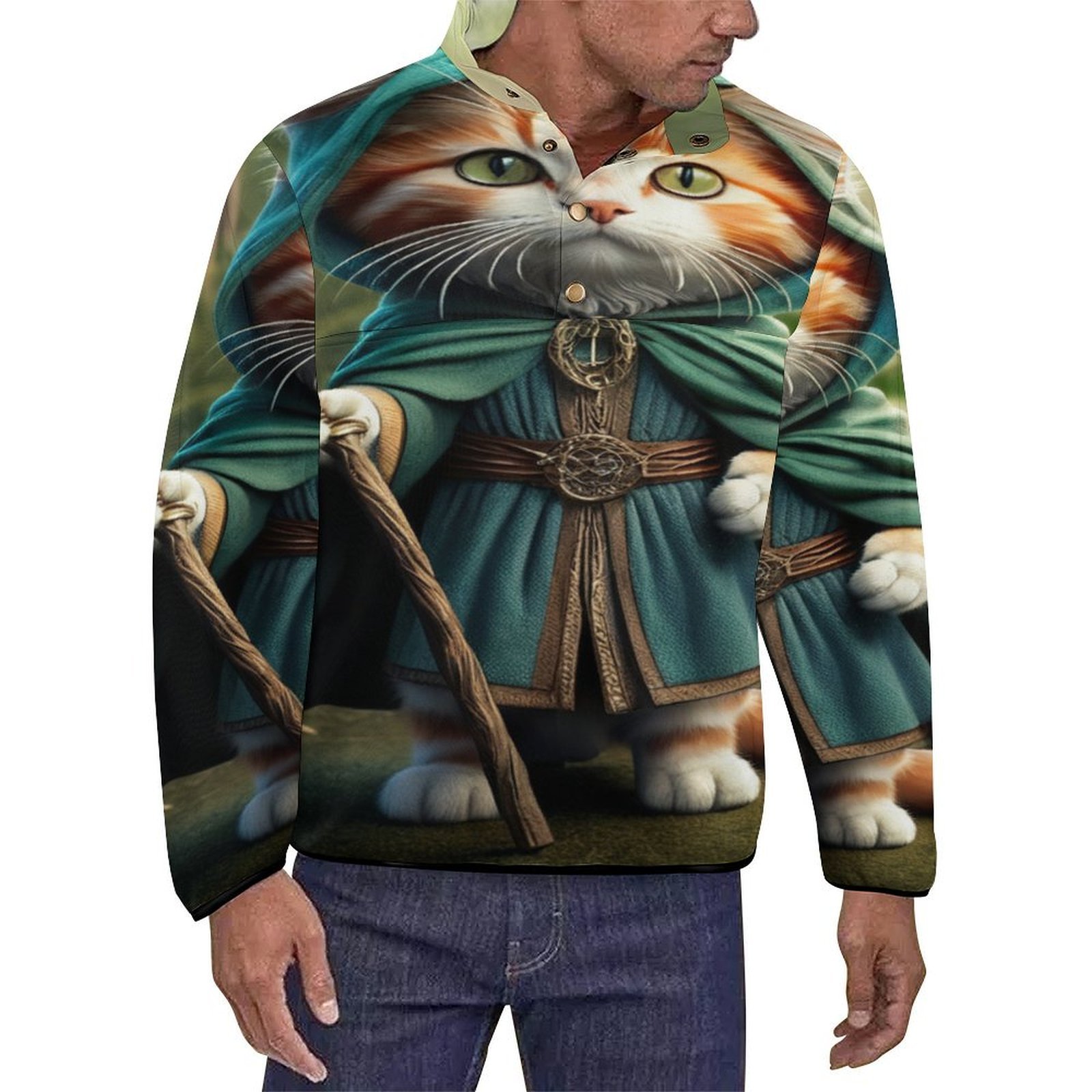 Cat Wizard Forest Adventure Men's Stand Collar Sweater Long Sleeve ...