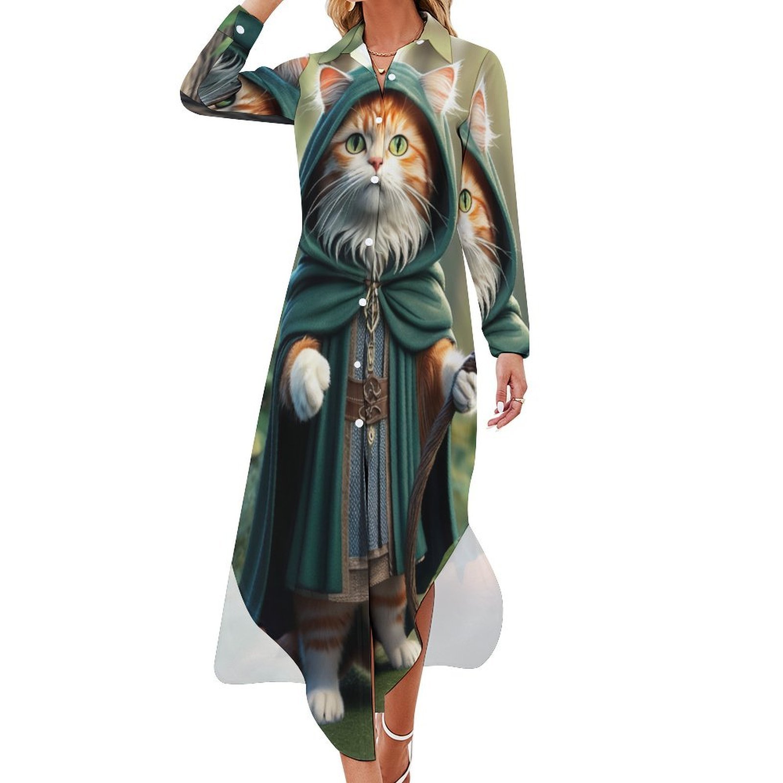 Cat Wizard Forest Adventure Shirt Dress Long Sleeve Street Fashion V ...