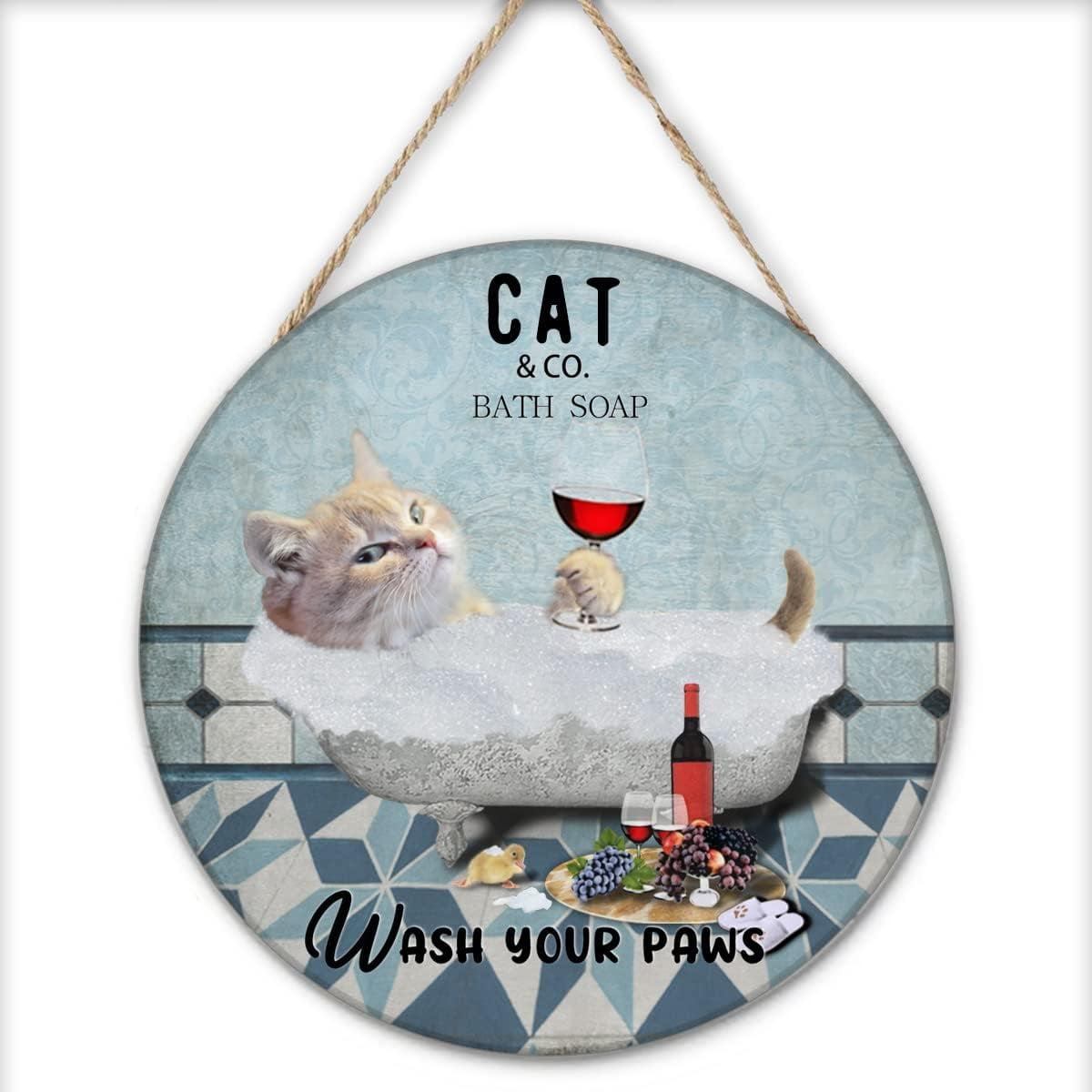 Cat Wood Sign Cat Lovers Gift Cat Bathroom Round Wooden Sign Vintage ...