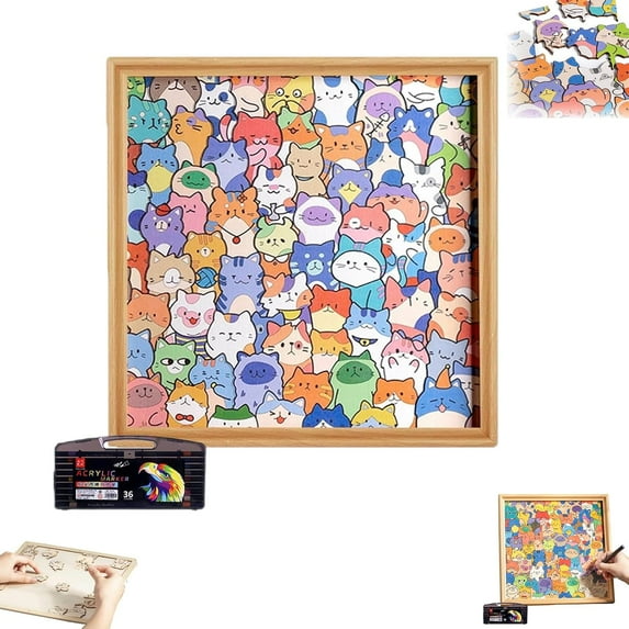 Cat Wooden Coloring Puzzle with Pen Set, DIY Wooden Coloring Puzzle ...