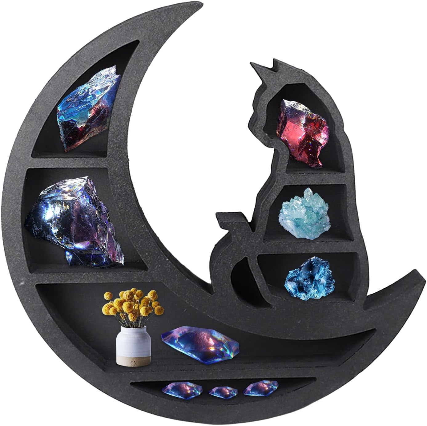 Cat Wooden Crystal Display Shelf, Black Wall Mounted Moon Crystals ...