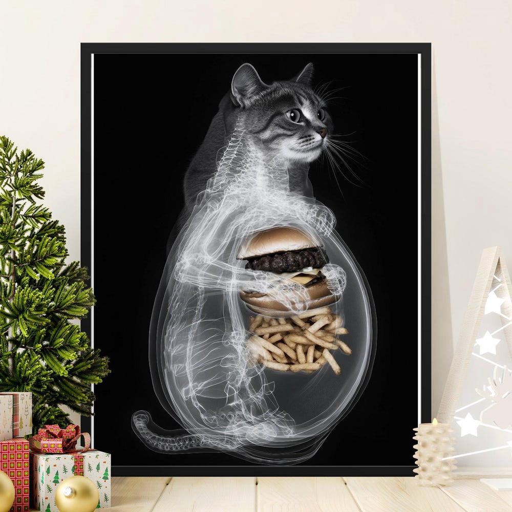 Cat X-Ray Poster, Funny Cat Artwork, Unique Wall Decor, Burger Fries ...