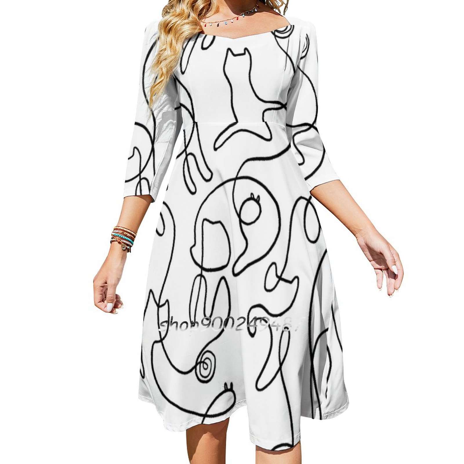 Cat Yarn Line Flare Dress Square Neck Dress Elegant Female Fashion ...