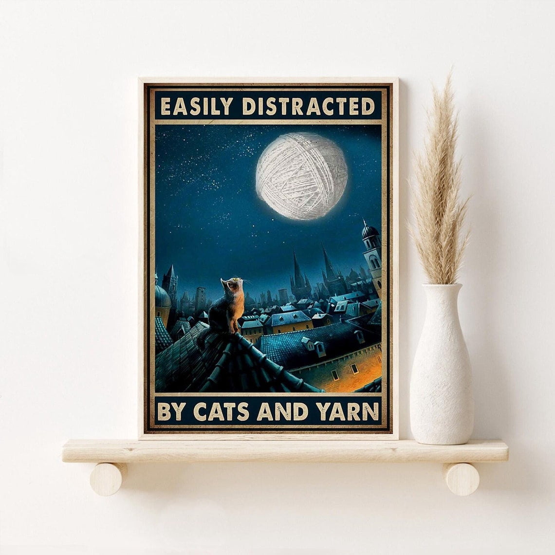 Cat With Yarn Moon Art, Easily Distracted By Cats And Yarn Print ...