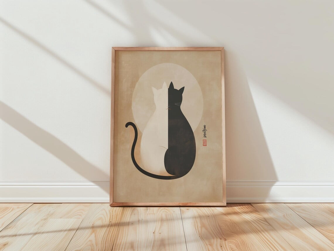 Cat Yin Yang Minimalist Black Beige Japanese Zen Decor Unframed Paper ...