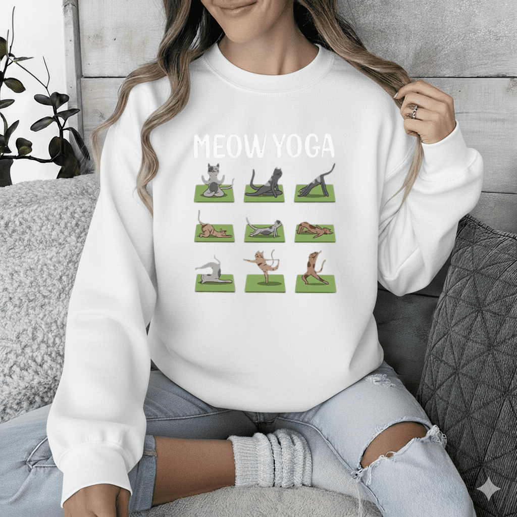 Cat Yoga Meow Pose Funny Stretch Dark Gray Feline Exercise Humor Sweatshirt, up to Size 5XL ...