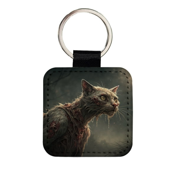 Cat Zombie Creepy Scary Halloween Faux Leather Square Keychain ...