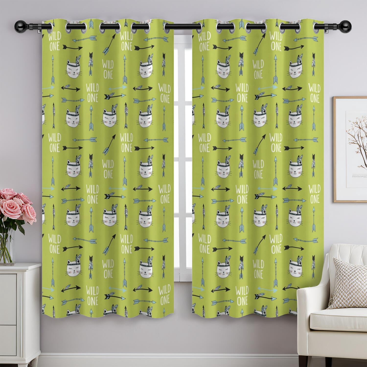 Cat and Arrow Green Pattern Blackout Curtains,Triple Weaved Fabric ...