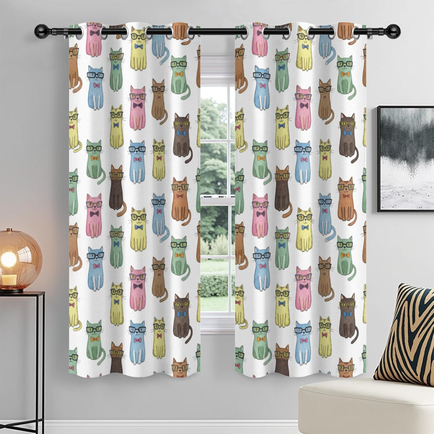 Cat and Bowtie White Pattern Blackout Curtains,Triple Weaved Fabric ...