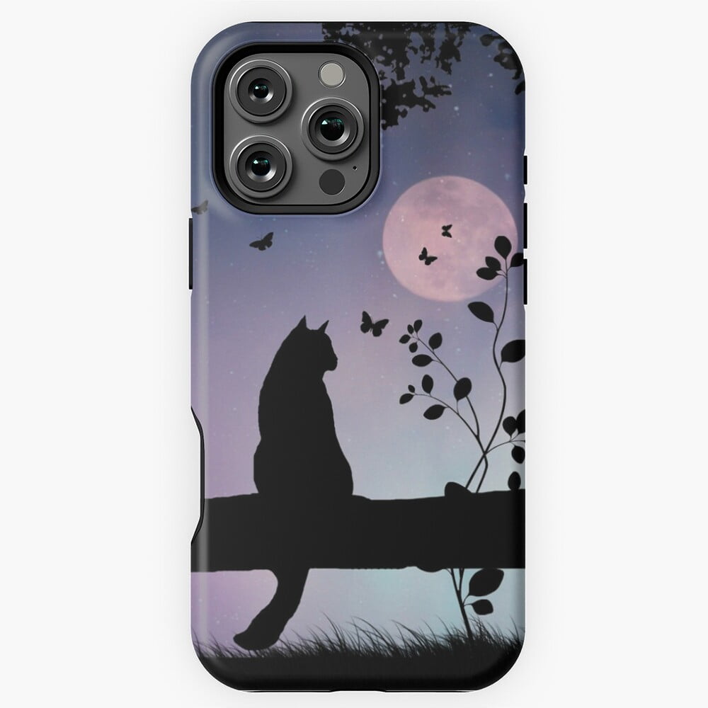 Cat and Butterflies Full Moon Phone Case Compatible with iPhone 11-17 ...