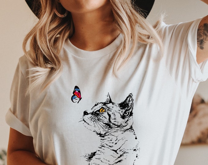Cat and Butterfly Shirt, Pure Cotton, Nature Top, Hand Drawn Graphic ...