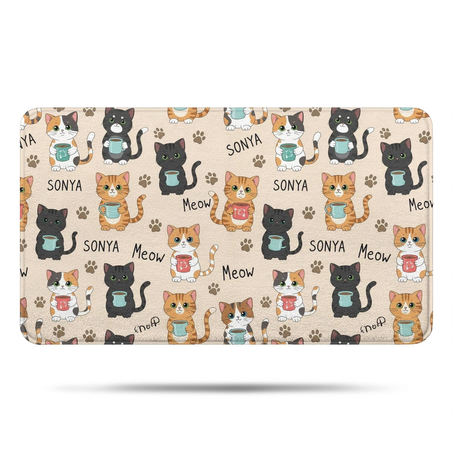 Cat and Cup Beige Pattern Non Slip Microfiber Bathroom Rugs, Soft ...