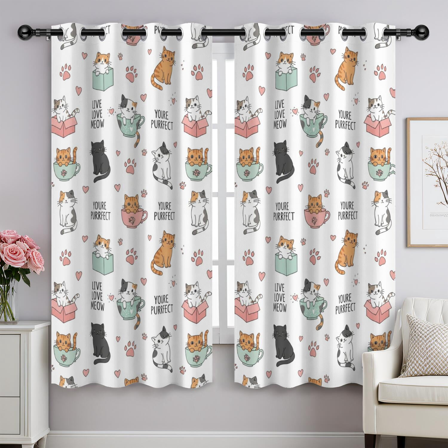 Cat and Cup White Pattern Blackout Curtains,Triple Weaved Fabric ...
