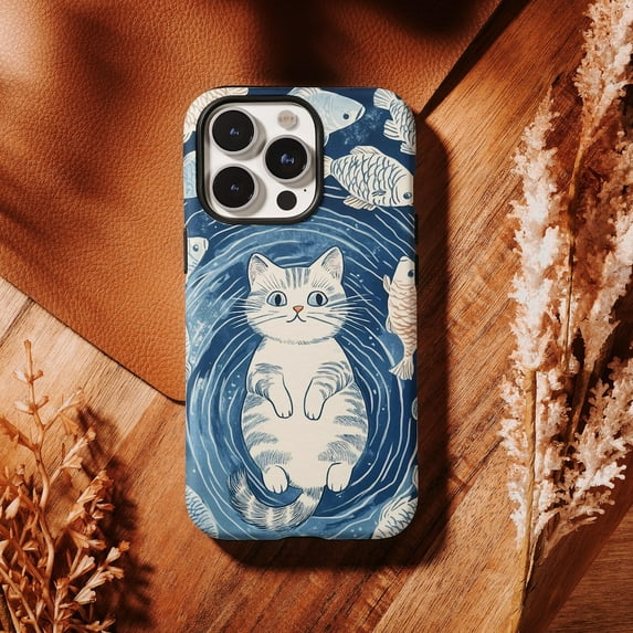 Cat and Fish Japanese Art Phone Case for iPhone 11-17 Pro Max ...