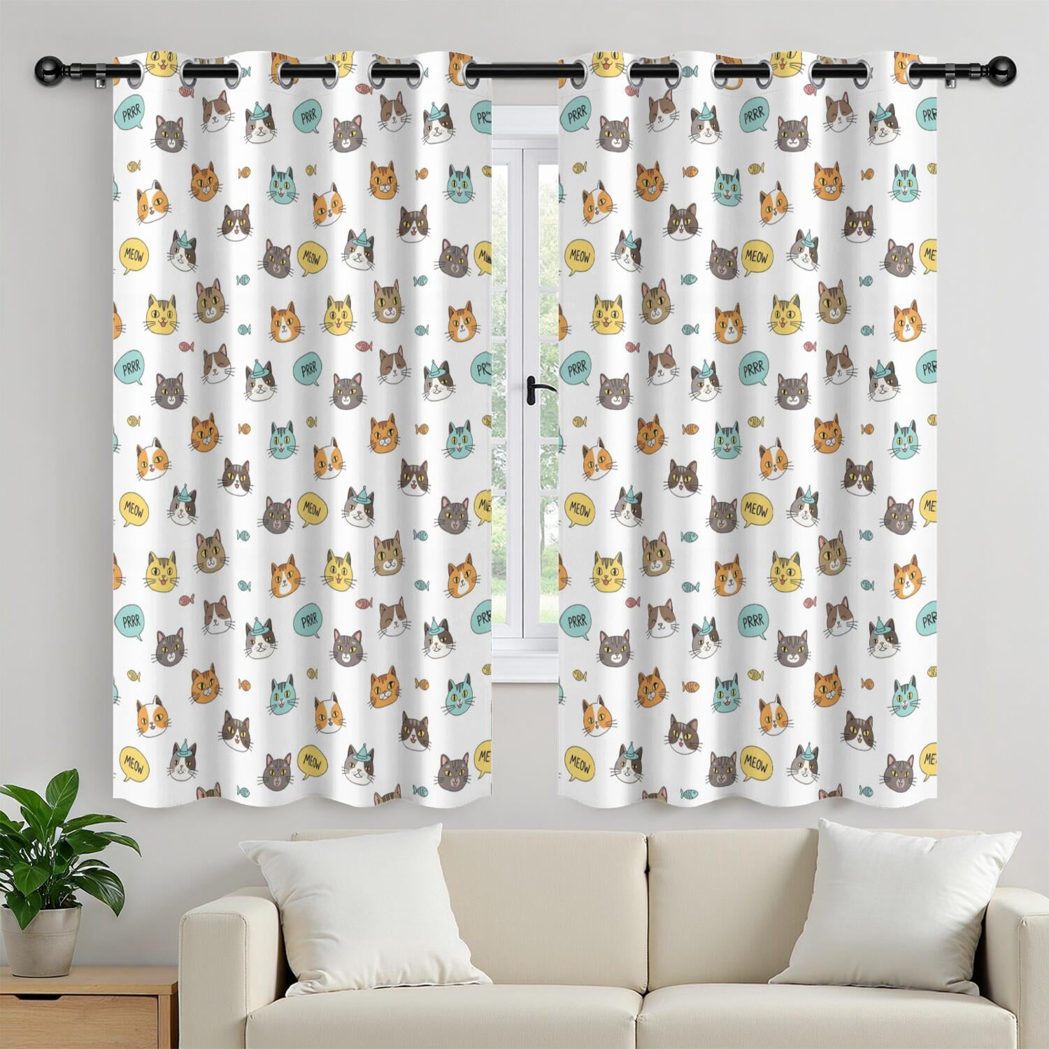 Cat and Fish White Pattern Blackout Curtains,Triple Weaved Fabric ...